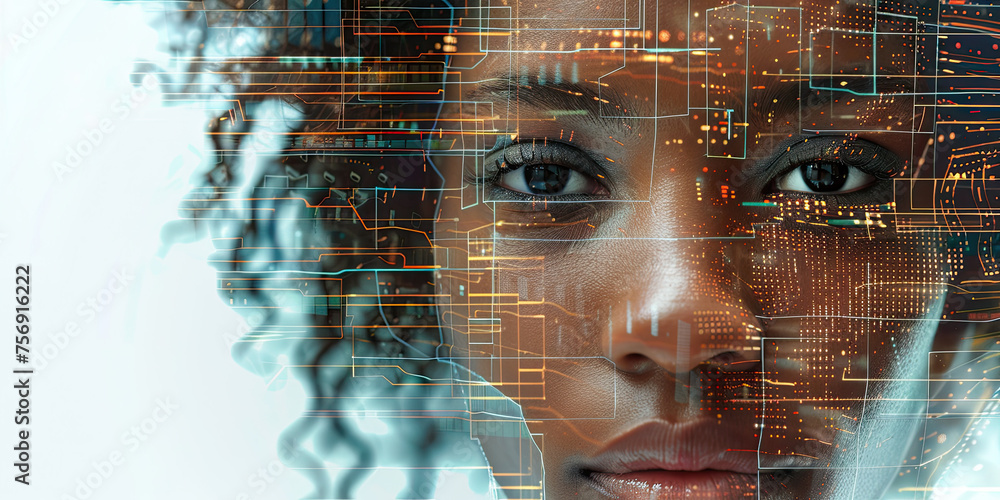 Artificial intelligence head, human face integrated with future ...