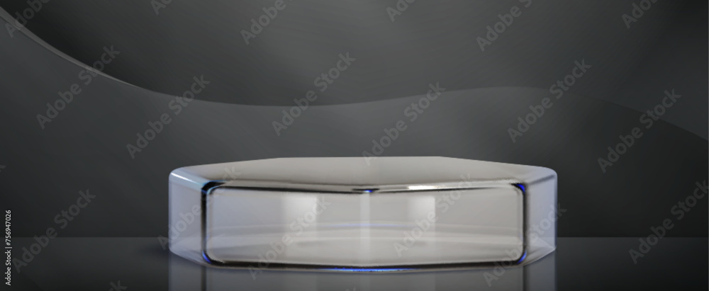 Hexagonal glass platform on abstract black background. Vector realistic ...