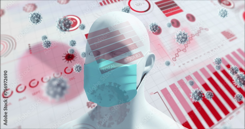 Image of digital interface with graphs, statistics and Covid 19 cells ...