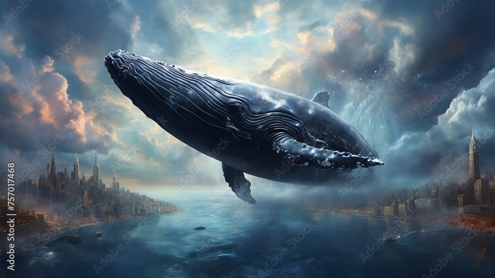 An unearthly scene where a huge whale swims through the clouds above a ...