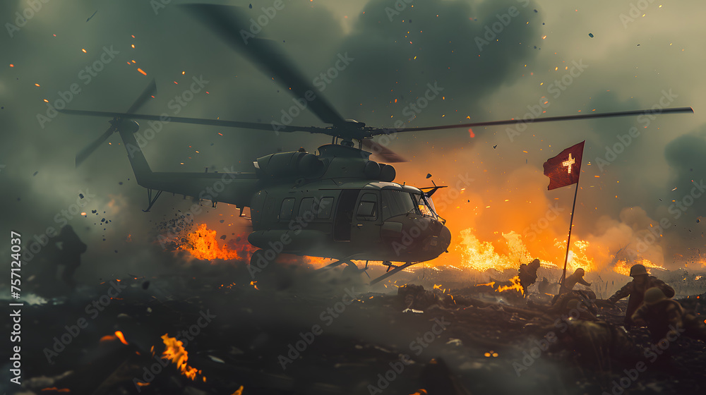 a helicopter and and italian flag both lit on fire in the middle of a ...