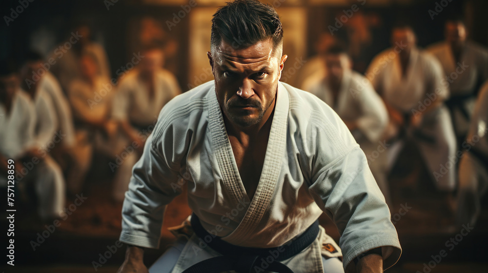 Asian karate martial arts training in a dojo hall. sensei teacher master man wearing white ...