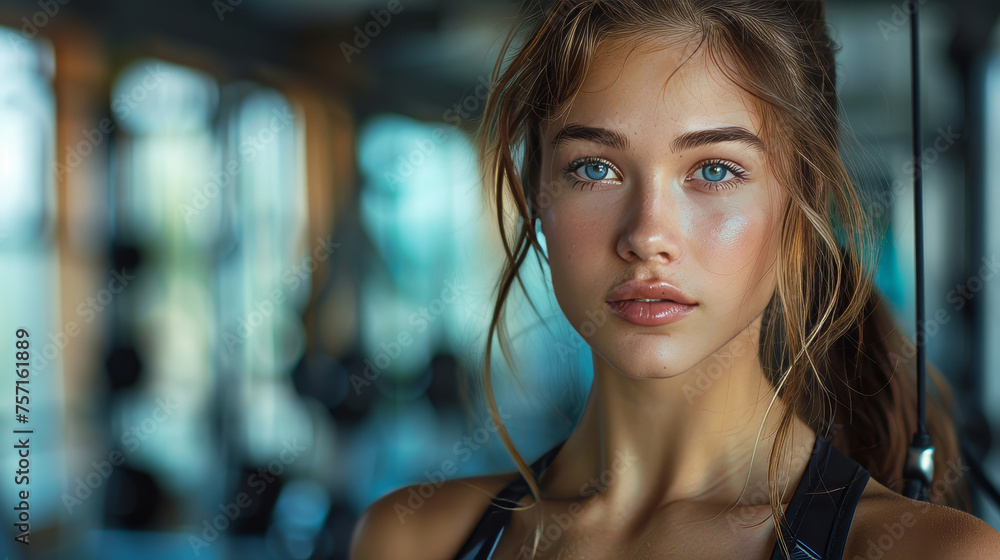Clear-skinned young woman with entrancing eyes posing inside a fitness ...