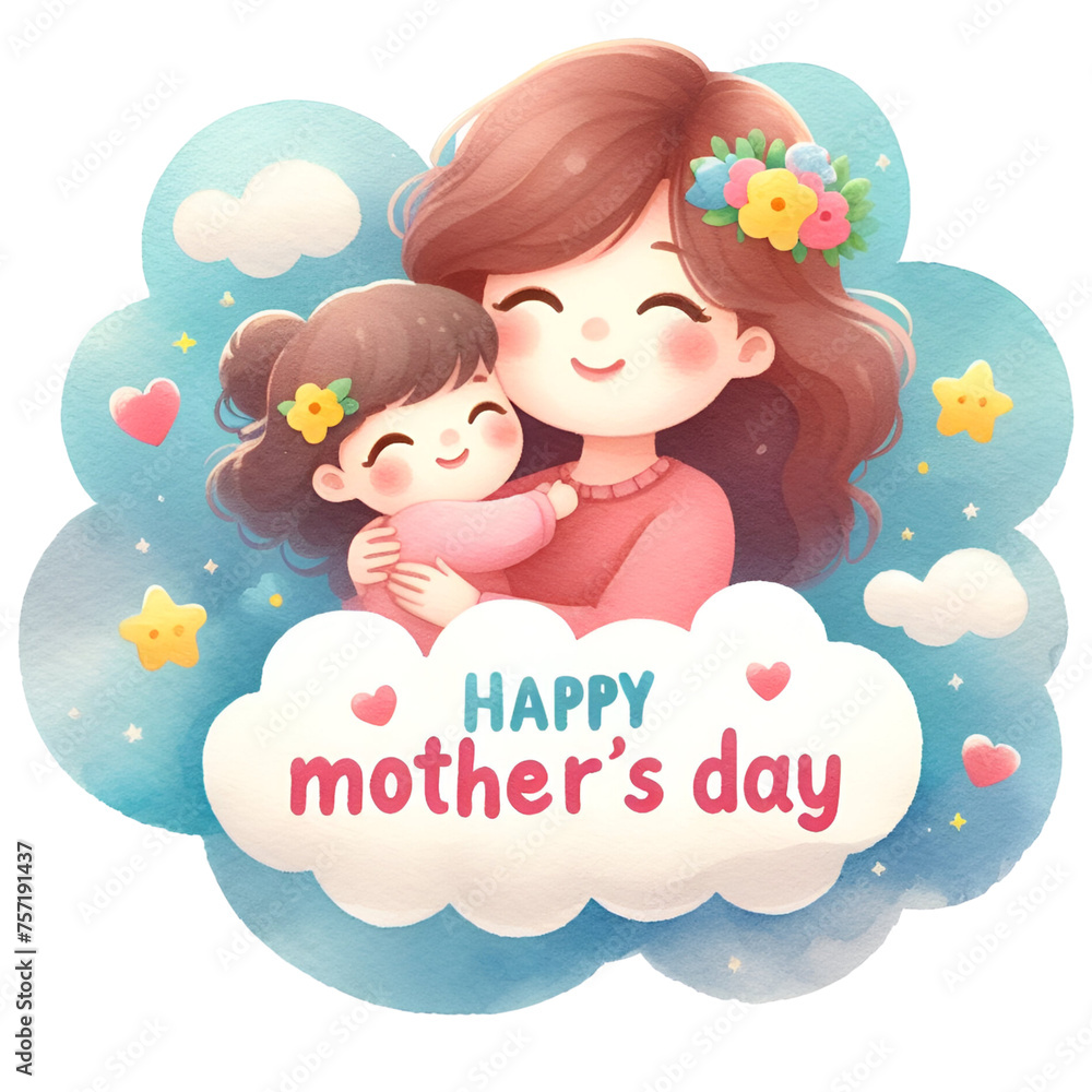 Illustration Stock Happy Mother's Day clipart, Watercolor Mother and ...