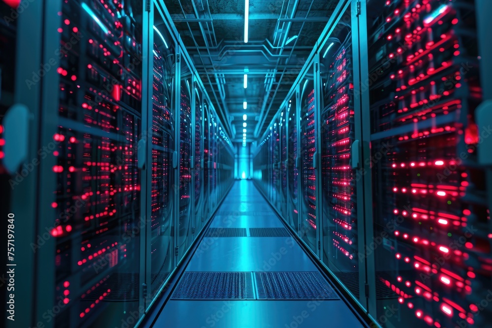 A photo depicting multiple rows of servers illuminated by red and blue lights in a busy data ...