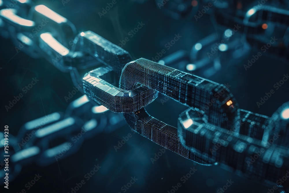 This photo captures a detailed close-up of a metal chain against a ...