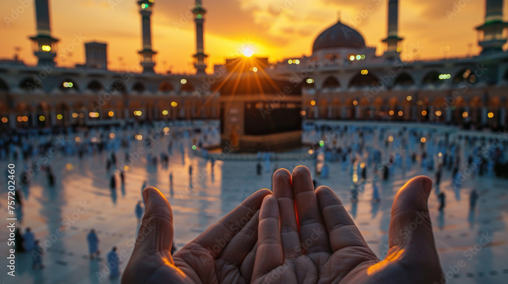 ภาพประกอบ Stock man hands praying in front of muslims holy kaaba ...