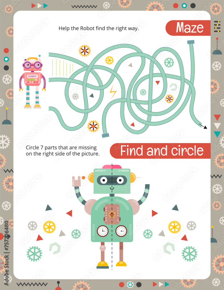 Vektor Printable Activity Sheet with Robots Activities – Maze, Find and ...