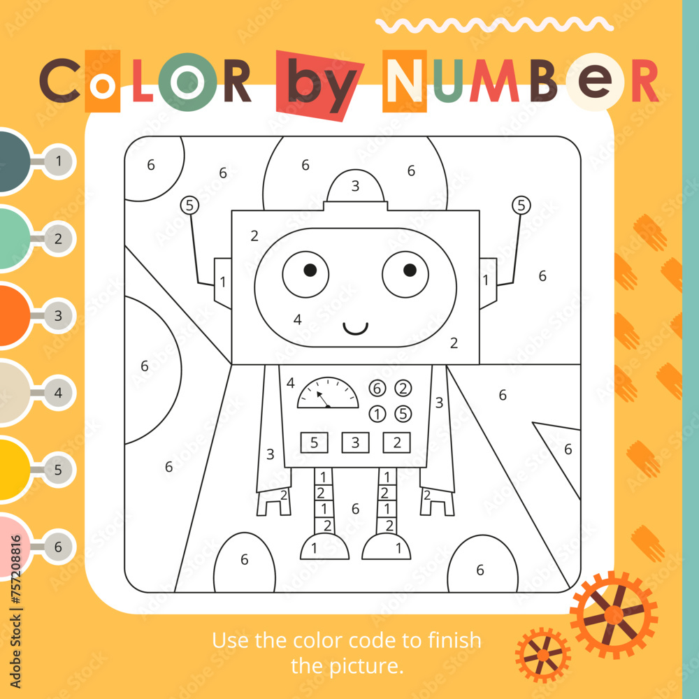 Activity Color by number page – cute Robot. Robotic Activities for kids. Logic games for ...