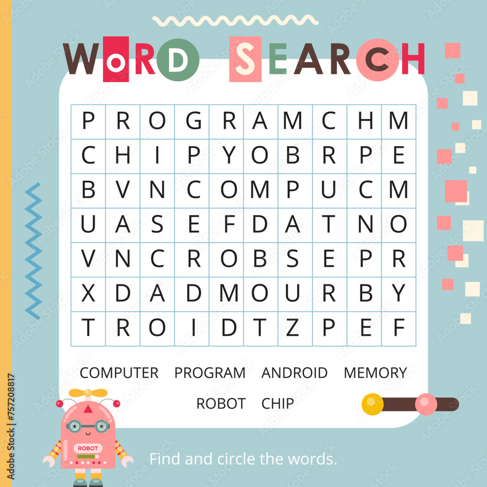 Cute Robot activities for kids. Word search game. Find the hidden words ...