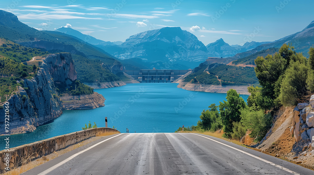 The open road takes us on a journey towards a modern dam, nestled in ...