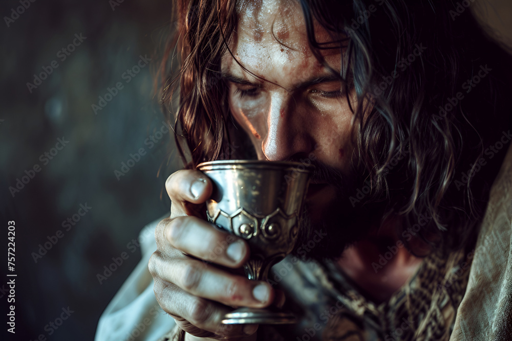 In a sacred moment, Jesus Christ holds the cup, symbolizing the ...