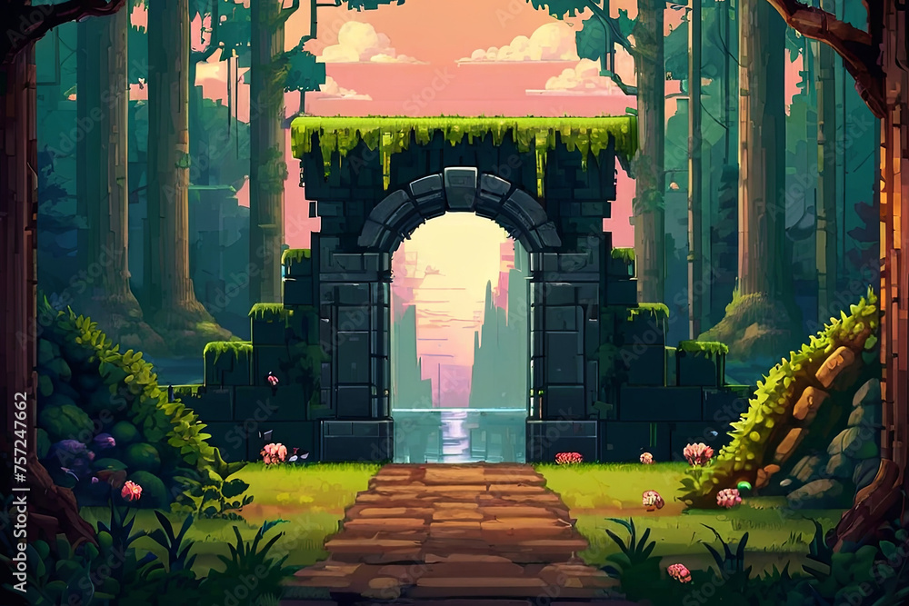 Pixel art game background. Forest portal, magic gate view. Enchanting ...