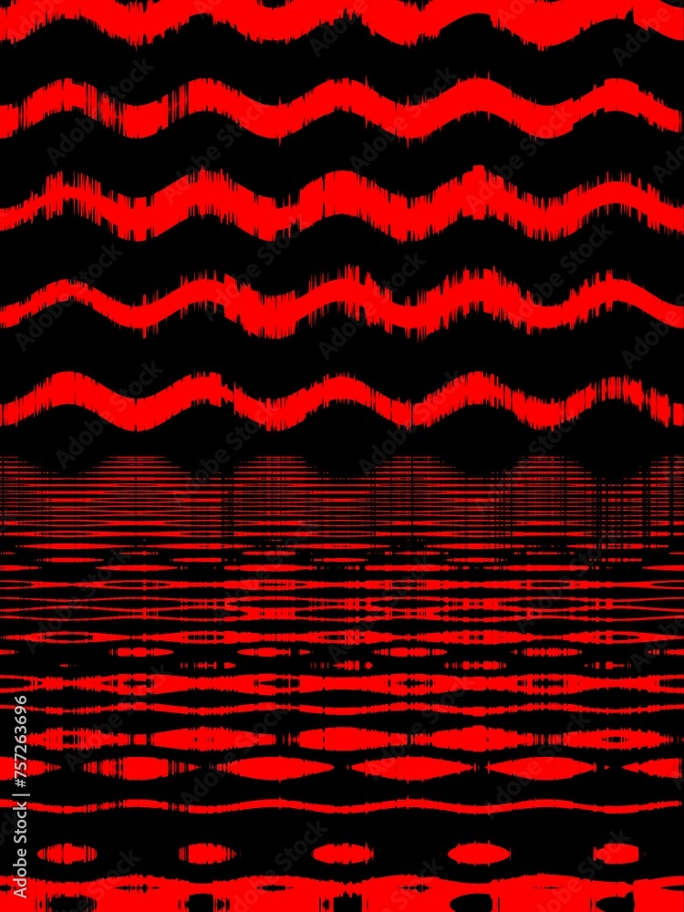 vivid red similar but different wavy horizontal lines on plain black ...