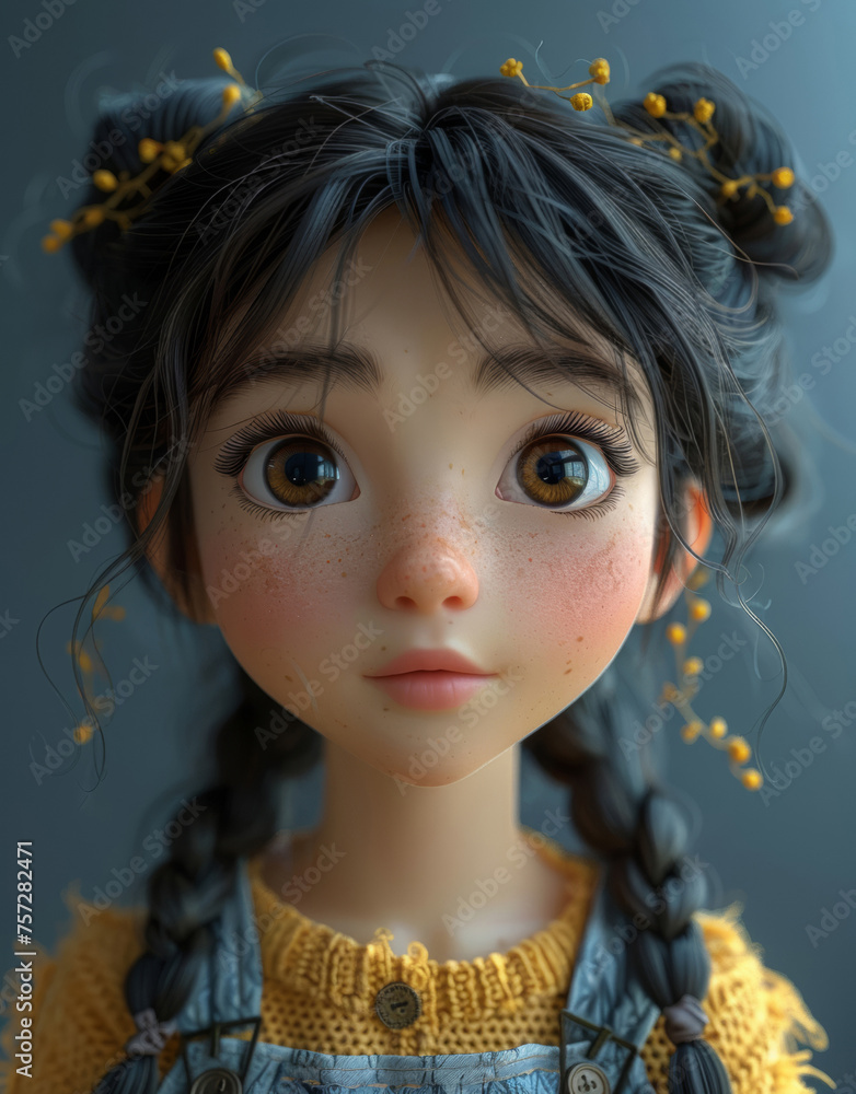 Cartoon girl, 3D and illustration for animation on backdrop. Character ...