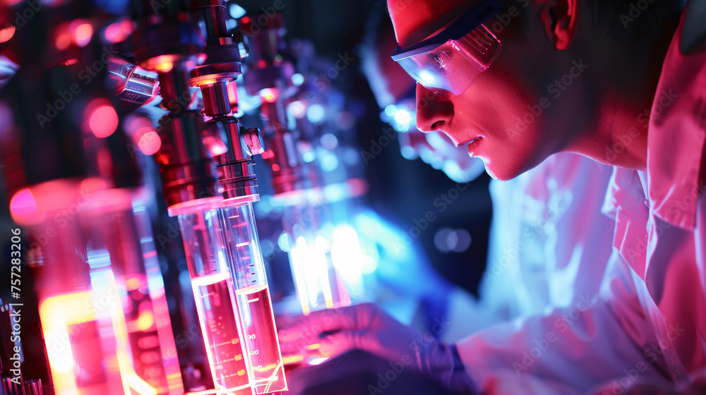 Scientists examining a glowing Ni-63 Betavoltaic Battery, representing ...