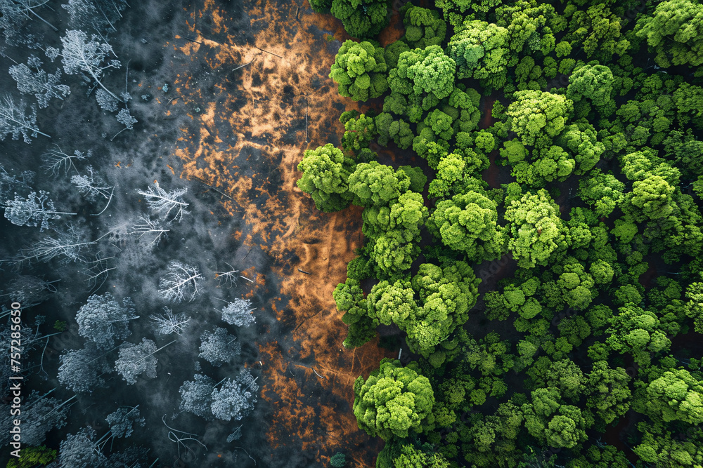 Visualize a forest transition from lush greenery to barren land due to ...