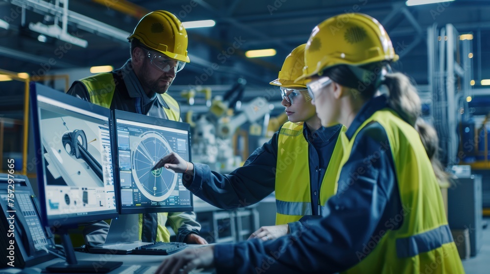 At the factory: Male mechanical engineer and female chief engineer work ...