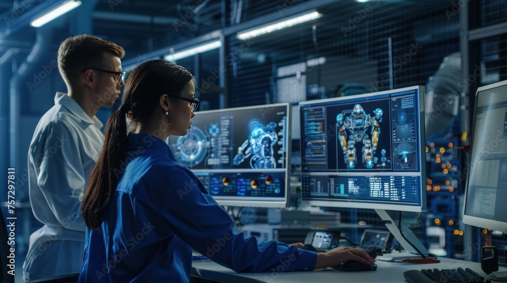 At the factory: Male mechanical engineer and female chief engineer work ...