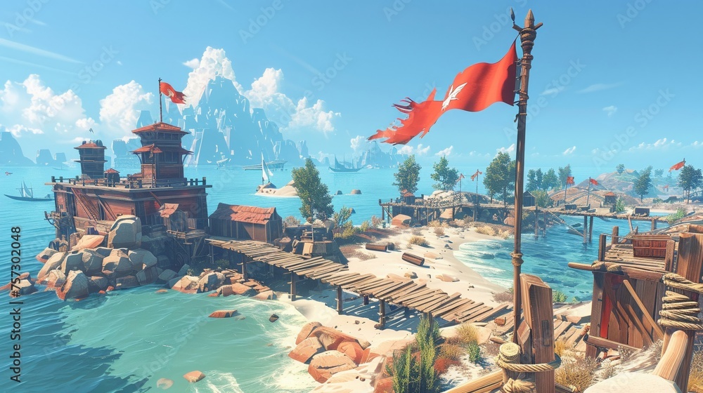 Fortified Seaside Settlement: A Coastal Stronghold with Sailing Vessels ...