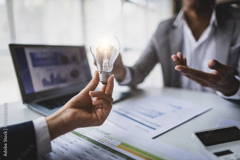 Brainstorming idea concept, light bulb symbol. Strategic Analysis and ...