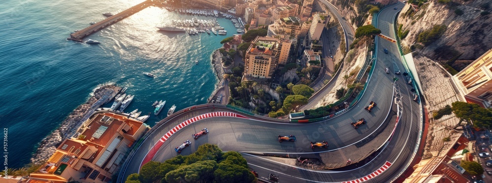 Aerial view of race track near sea, famous Formula One race track ...