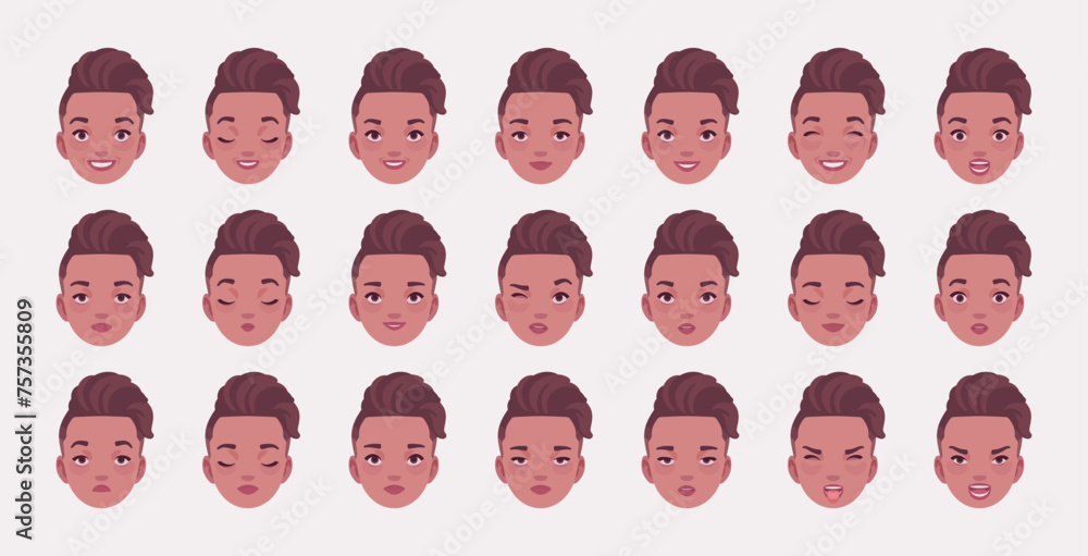 Young fade haircut woman, attractive female emotion set, cute girl ...