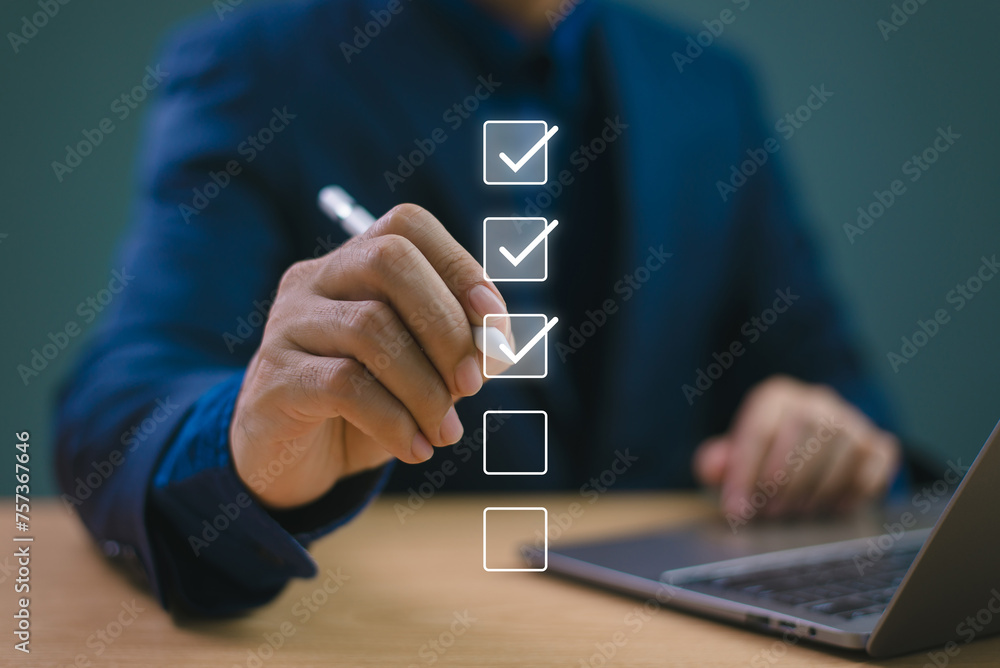 Business performance evaluate checklist review, businessman using pen ...