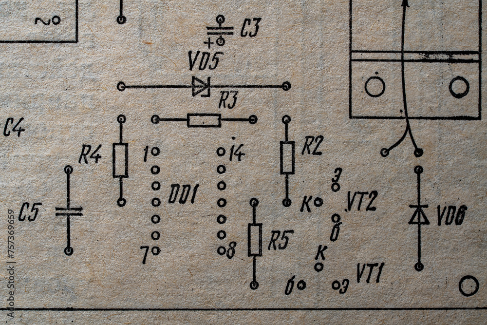 Old radio circuit printed on vintage paper electricity diagram as ...