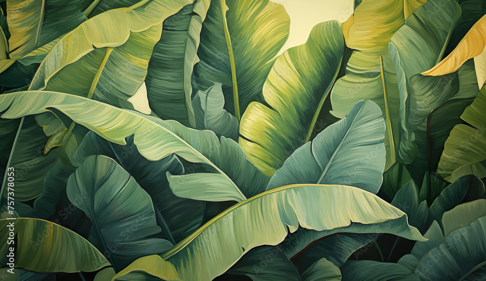 Pencil color drawing or painting of dark banana,plam leaves detail with ...