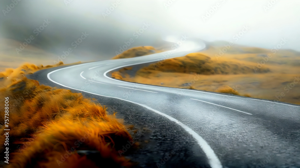 Minimalist calm background: Curved road in landscape, exploration and ...