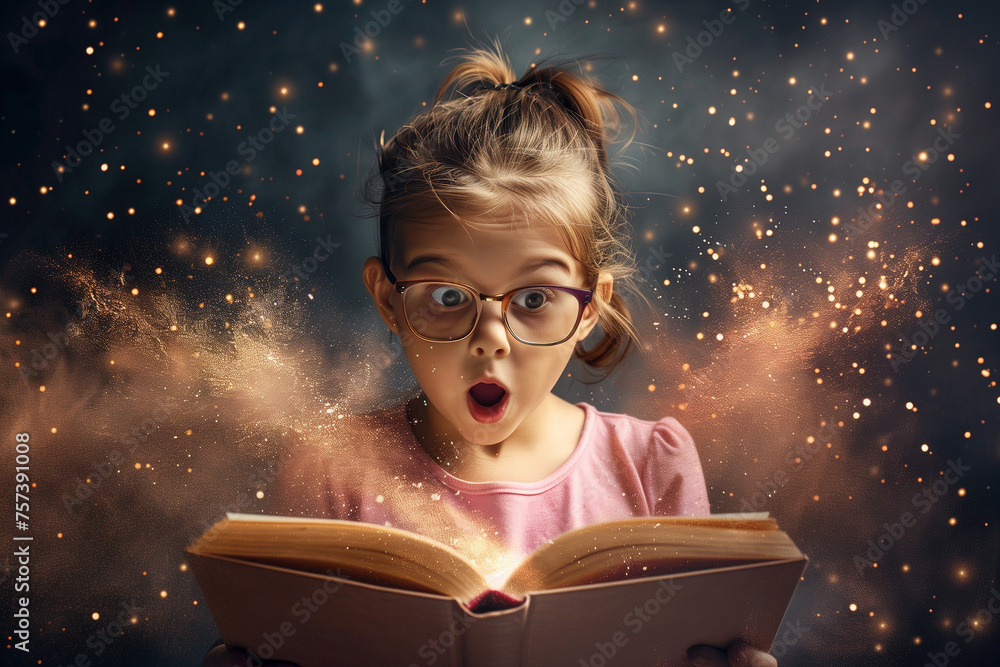 little girl with glasses with an open book showing excitement and ...