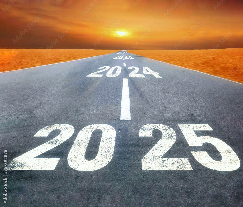 Road ahead 2025. 2025 written on highway road in the middle of empty ...