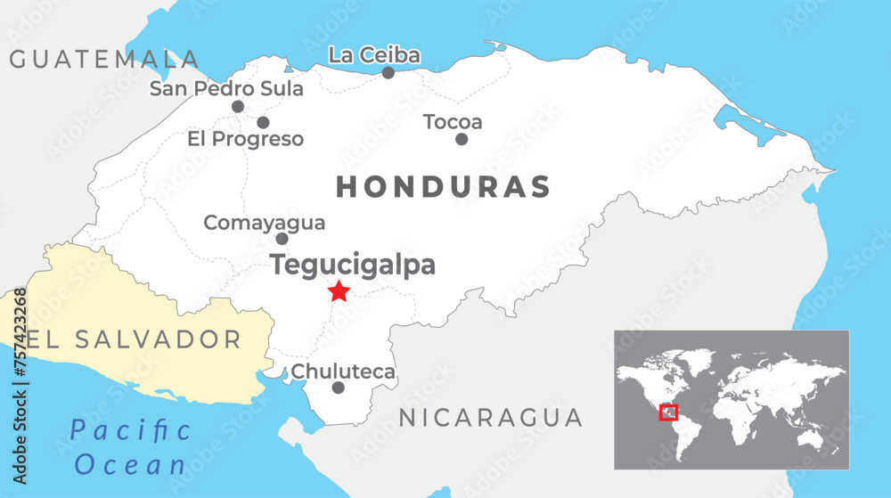 Honduras Political Map with capital Tegucigalpa, most important cities and national borders ...