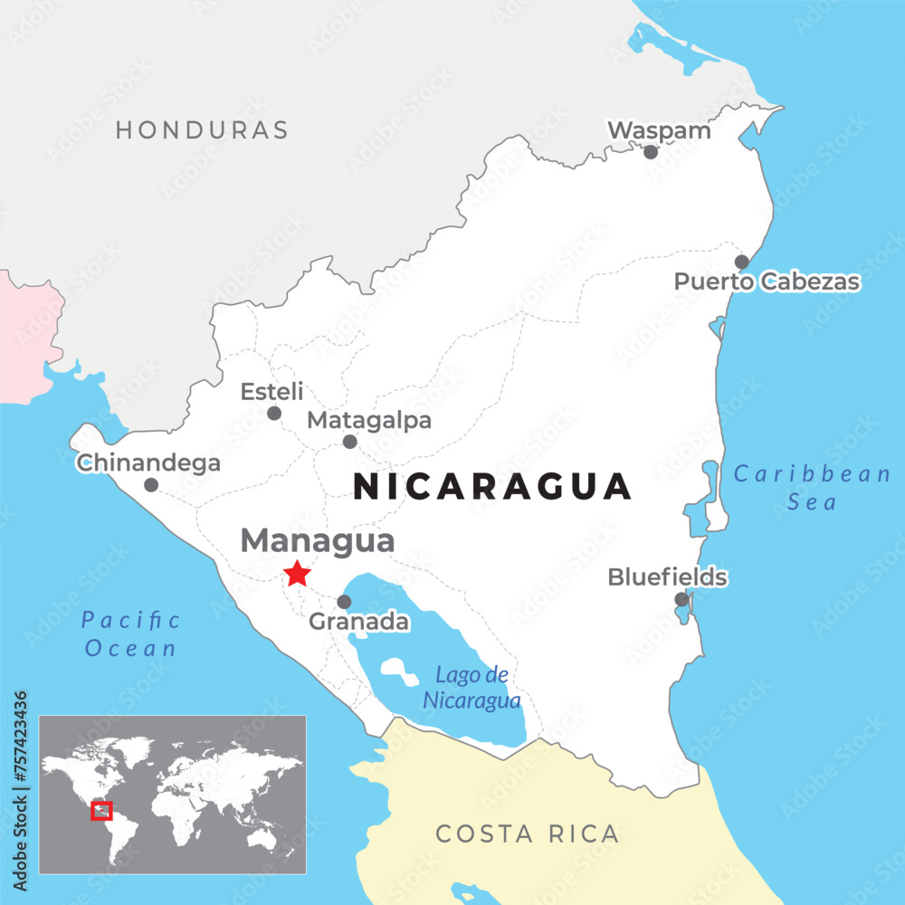 Nicaragua Political Map with capital Managua, most important cities and ...