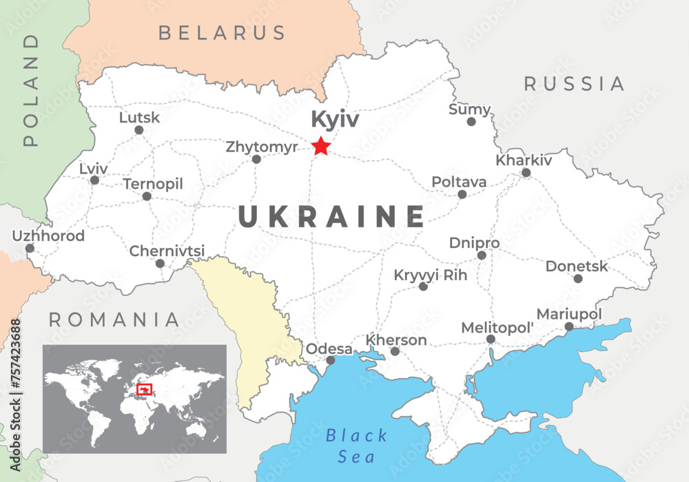 Ukraine Political Map with capital Kyiv, most important cities and ...