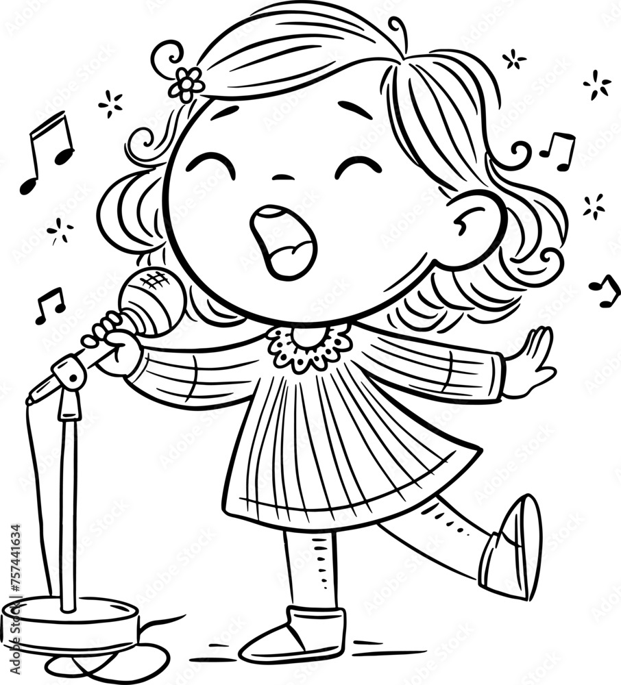 Cartoon little girl singing a song into a microphone while standing on ...