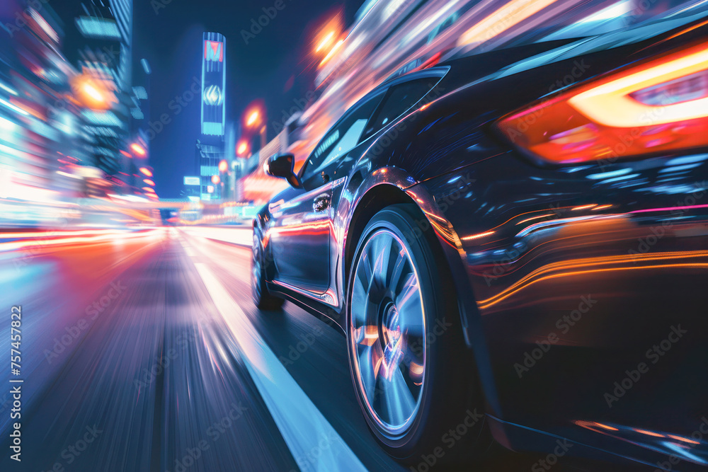 Speeding Car in Night Cityscape. Dynamic image of a black sports car ...
