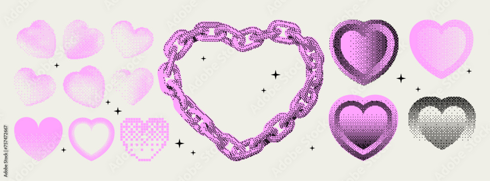 Pixel Y2K Heart Shapes. Set of trendy different bitmap graphic elements ...