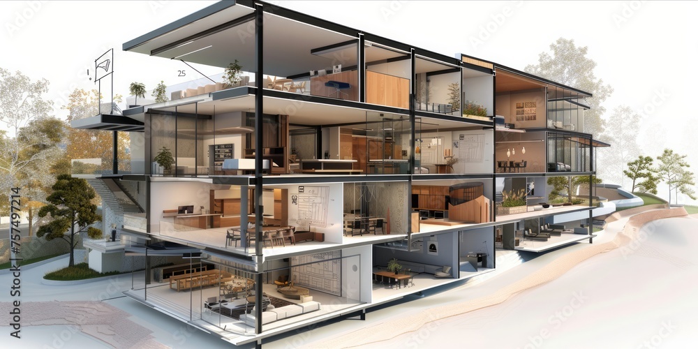 Cross section of a multi story residential building with architectural ...