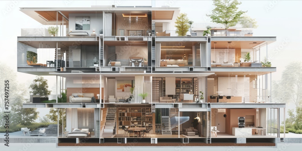 Cross section of a multi story residential building with architectural ...