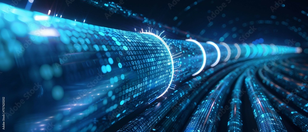 a long digital pipeline shaped by vibrant glowing blue matrix binary code. isolated on black ...