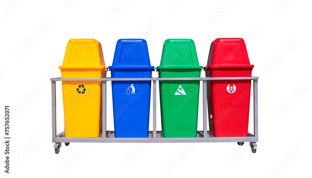 Different colors of garbage waste sorting bins on steel frame with ...