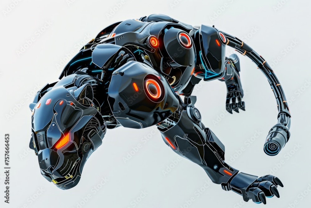 Robotic panther emblem, prowling with silent grace and lethal precision ...