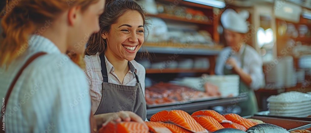 Well-mannered female employee at a fish market in apron serving a woman ...