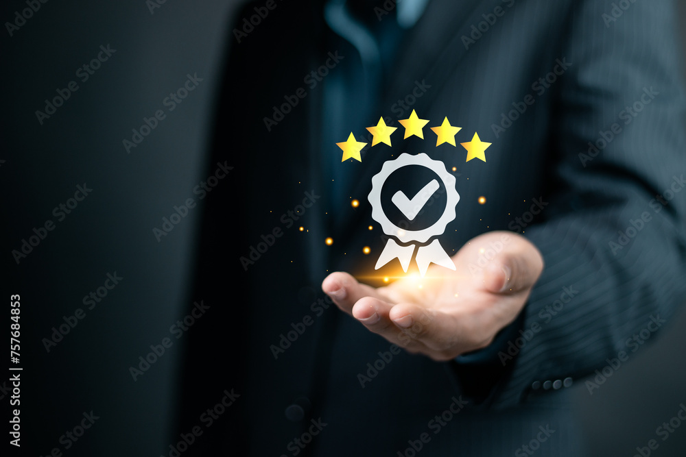 ISO service concept. Businessman holding top service Quality assurance ...