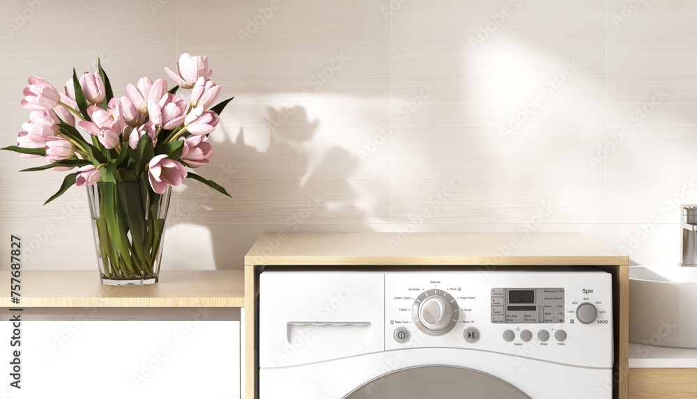 Photo Stock Blank space on brown wooden countertop counter in laundry ...