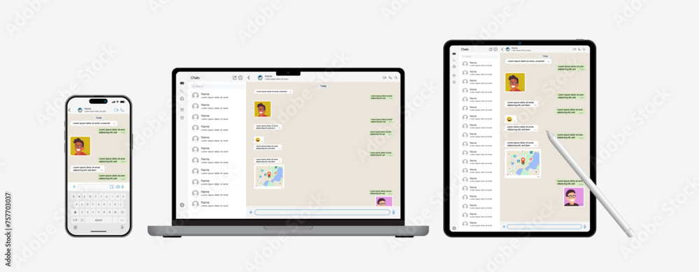 Smartphones, tablets, and laptop computers with social messenger apps ...