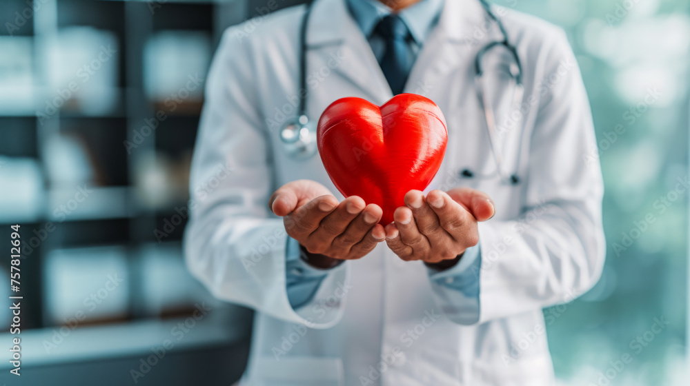 free space for title banner with Cardiologist doctor holding a red ...