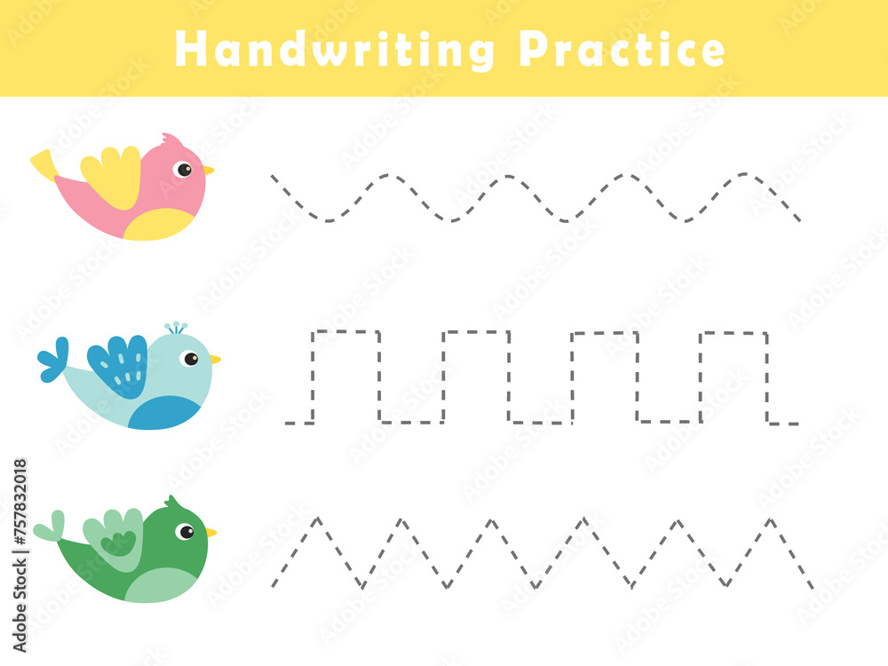 Handwriting practice sheet with cute bird illustration . Basic writing ...